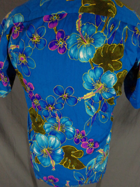 Vintage 60s Ahi Nani Blue Floral Print Hawaiian Aloha Shirt 48 ...