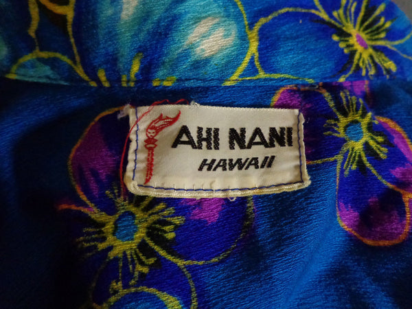 Vintage 60s Ahi Nani Blue Floral Print Hawaiian Aloha Shirt 48 ...