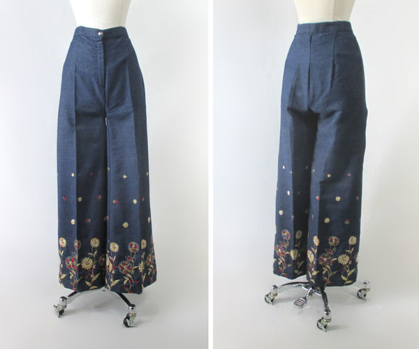 Vintage 70s Embroidered Rainbow Flower Bell Bottom Jeans S – Bombshell ...